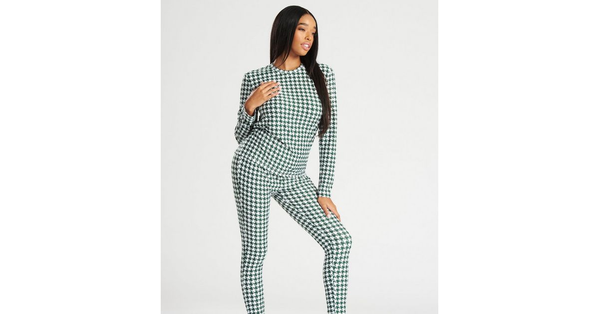 Loungeable Green Legging Pyjama Set with Dogtooth Print | New Look