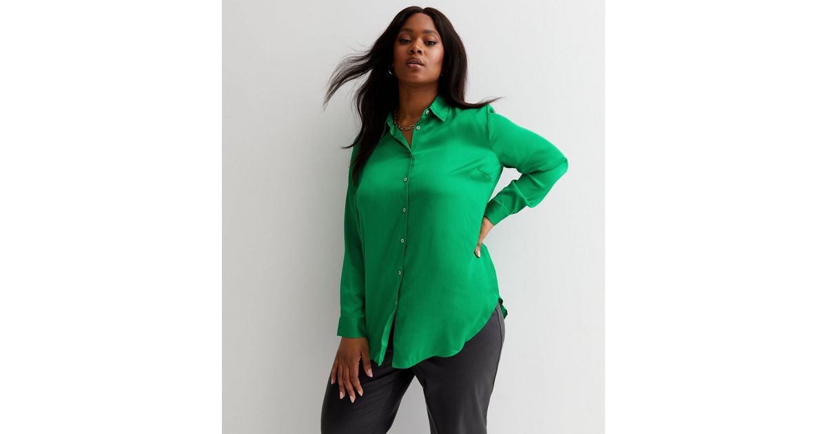 Curves Green Satin Oversized Shirt | New Look