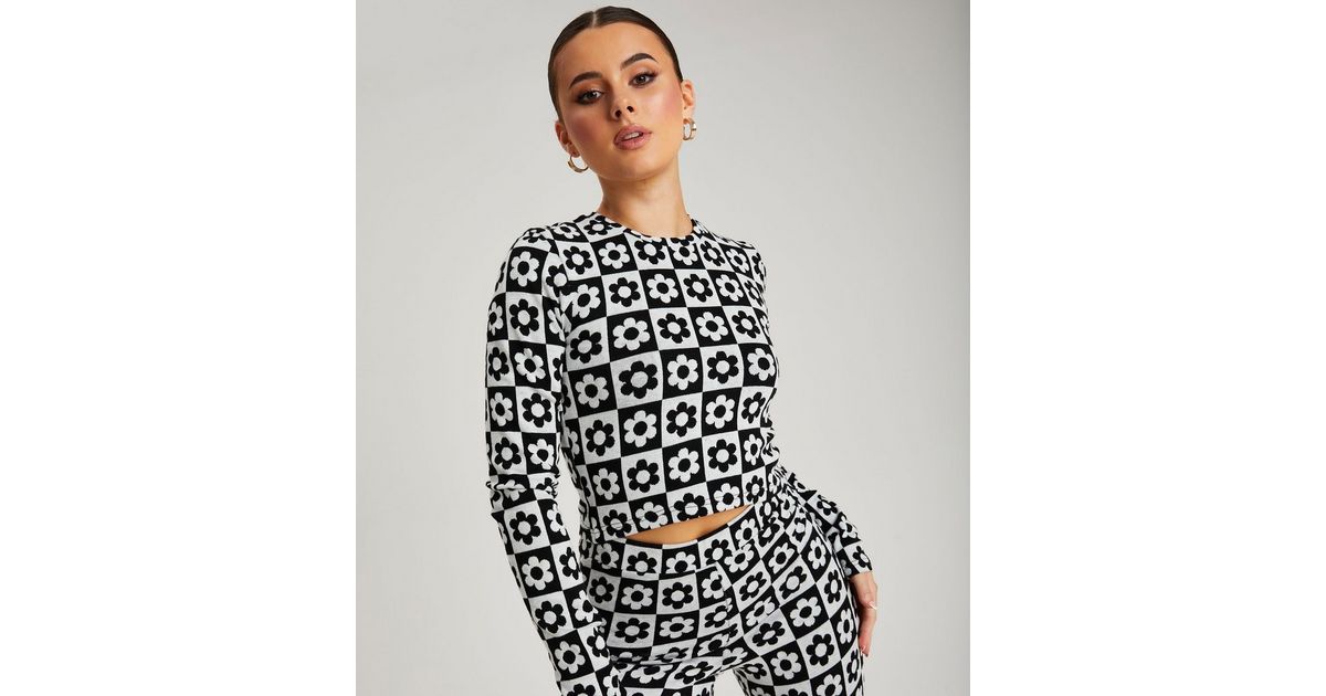 Urban Bliss Black Flower Checkerboard Jacquard Knit Top | New Look