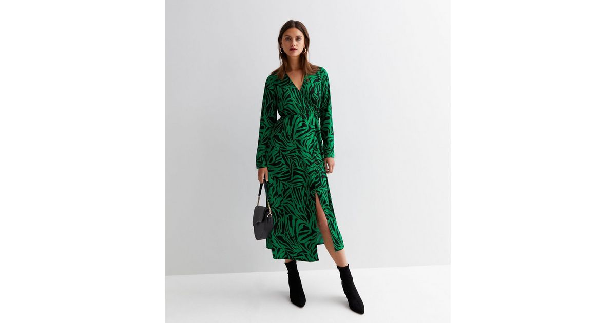 Green Zebra Print Collared Midi Wrap Dress New Look
