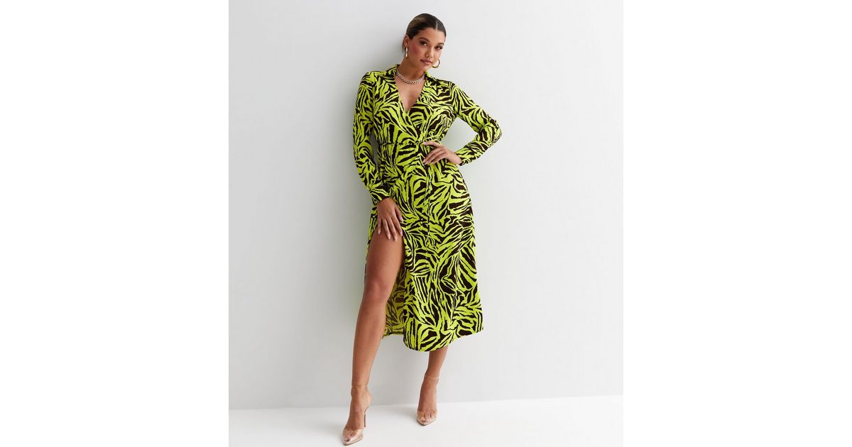 Green Zebra Print Collared Midi Wrap Dress New Look