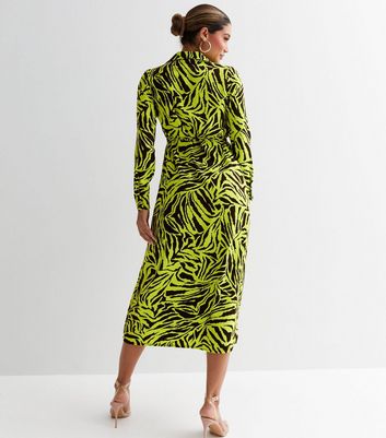 Green Zebra Print Collared Midi Wrap Dress | New Look