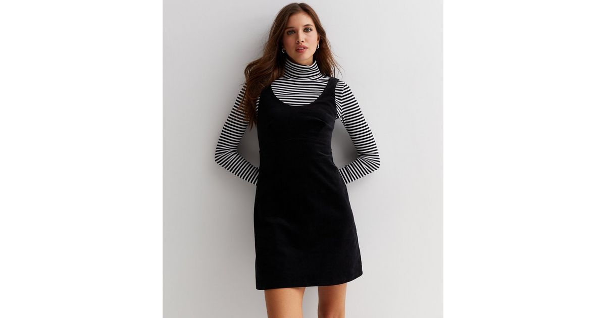 Black Scoop Neck Stretch Cord Pinafore Dress | New Look