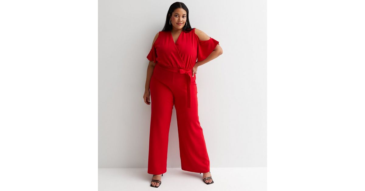 Curves Red Scuba Crepe Cold Shoulder Wrap Jumpsuit | New Look
