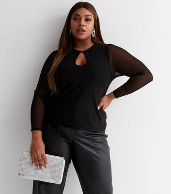 Curves Black Long Mesh Sleeve Keyhole Top | New Look