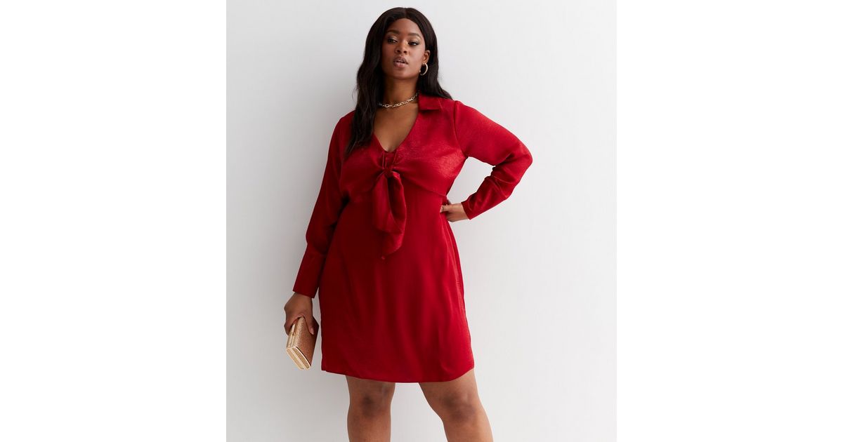 Curves Burgundy Velvet Satin Tie Front Mini Dress | New Look