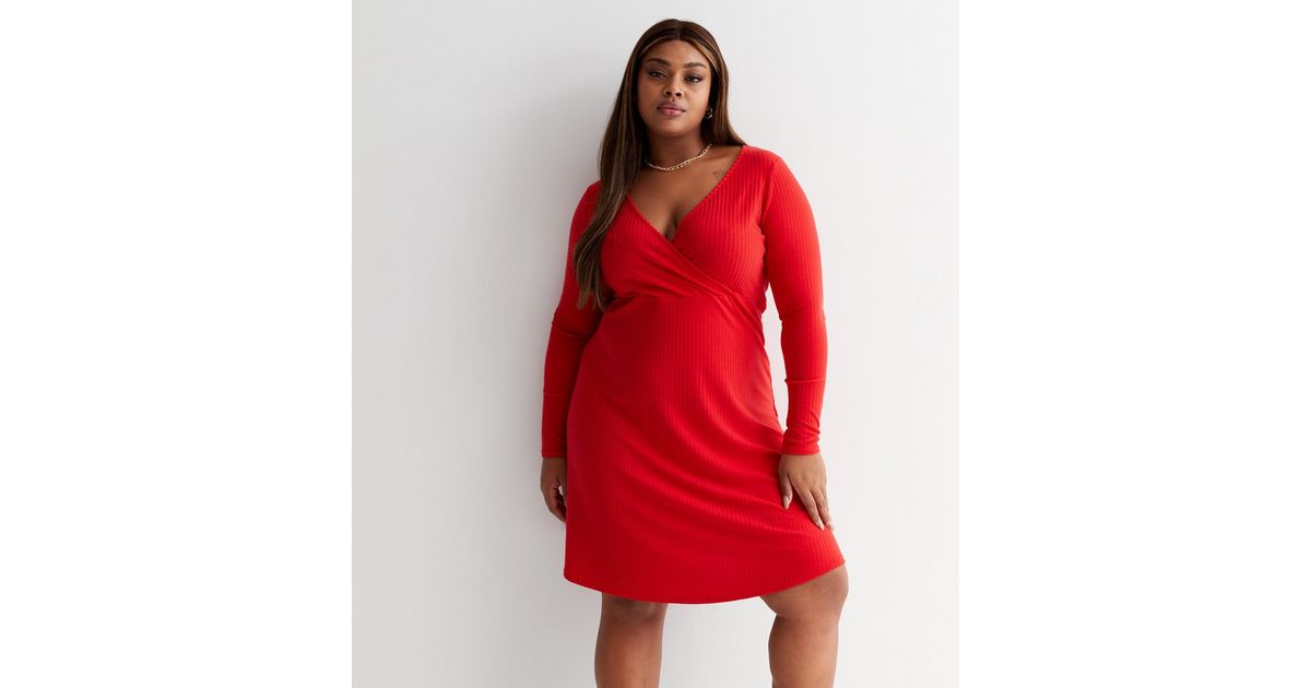 Curves Red Ribbed Jersey V Neck Long Sleeve Mini Wrap Dress | New Look