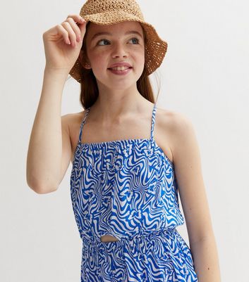 Girls Blue Butterfly Doodle Cheesecloth Strappy Playsuit | New Look