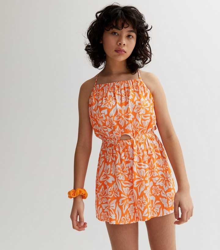 Girls Orange Floral Cheesecloth Cut Out Cross Back Playsuit | New Look