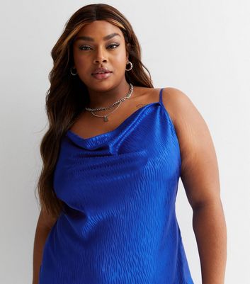 Curves Bright Blue Satin Jacquard Midi Slip Dress | New Look