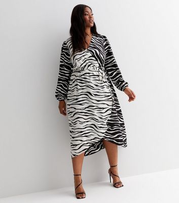 Curves Black Zebra Print Satin Long Sleeve Midi Wrap Dress | New Look