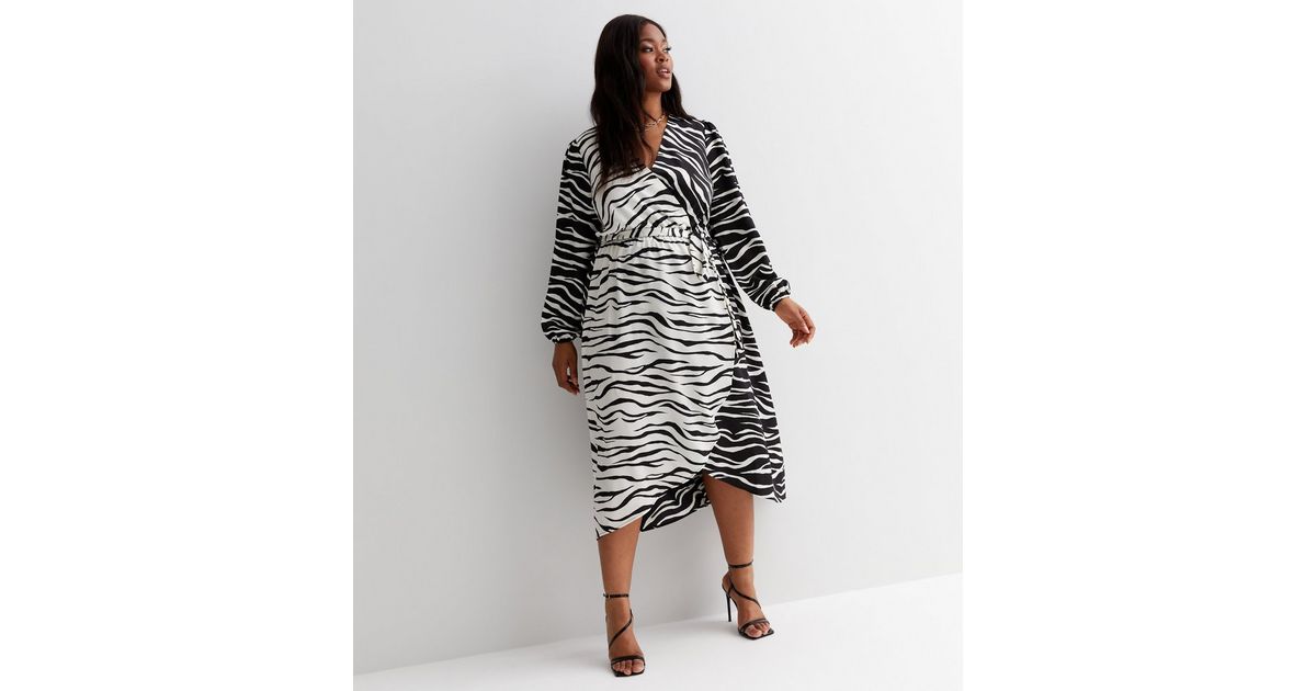 Curves Black Zebra Print Satin Long Sleeve Midi Wrap Dress New Look