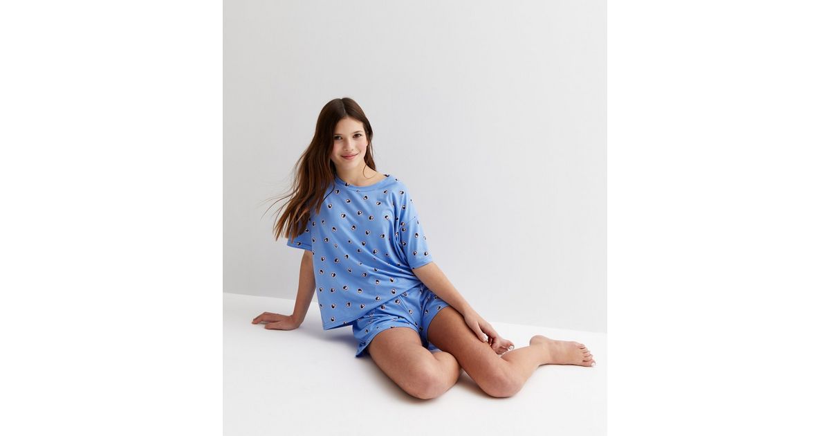 Girls Blue Soft Touch Short Pyjama Set With Yin And Yang Heart Print