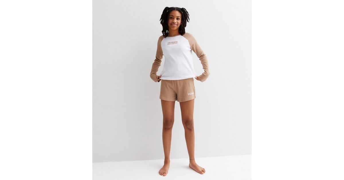 Girls Brown Ribbed Long Raglan Sleeve Pyjama Set with Colorado Logo ...