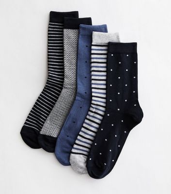 5 Pack Grey Black and Blue Mixed Pattern Socks | New Look