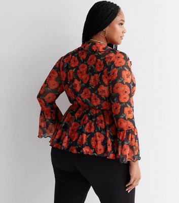 Curves Red Floral Mesh Long Flared Sleeve Tie Front Peplum Top | New Look