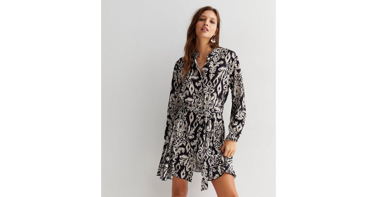 Cameo Rose Black Mark Making Long Sleeve Mini Shirt Dress | New Look