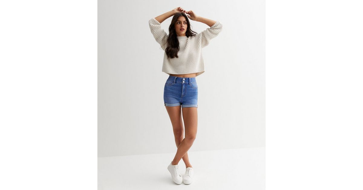 Blue Denim High Waist Double Button Shorts | New Look