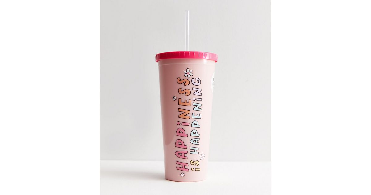 Pink Floral Happiness Is Happening Logo Straw Cup | New Look