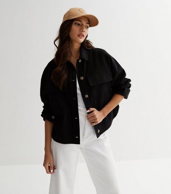Black Double Pocket Crop Shacket | New Look