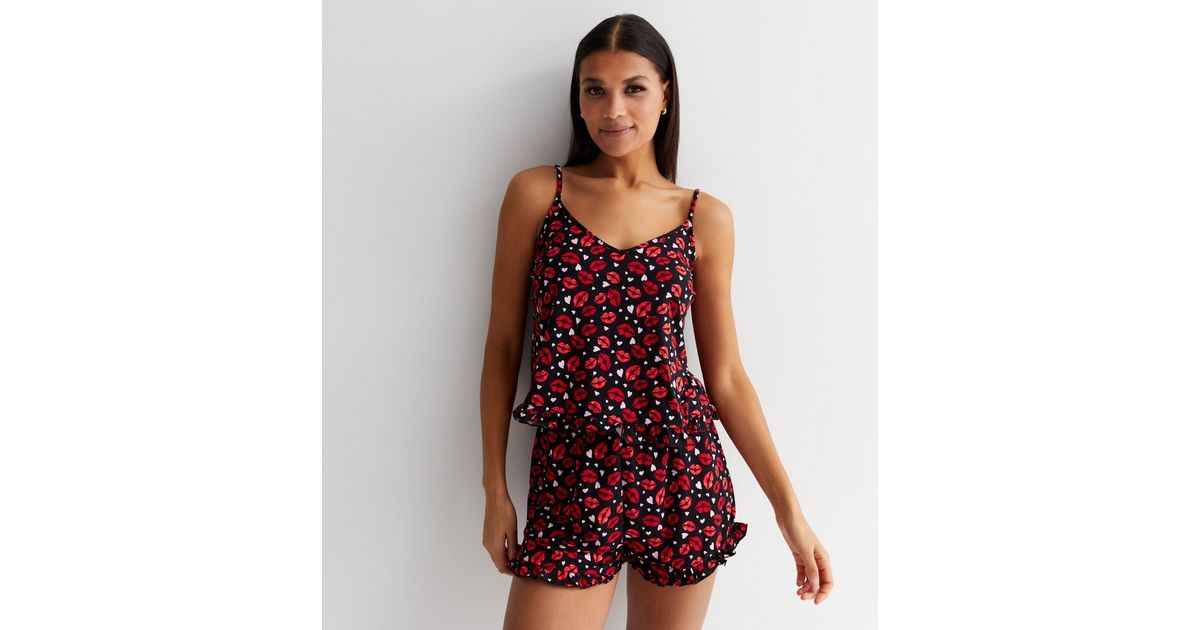 Black Soft Touch Cami Pyjama Set with Lips Print | New Look