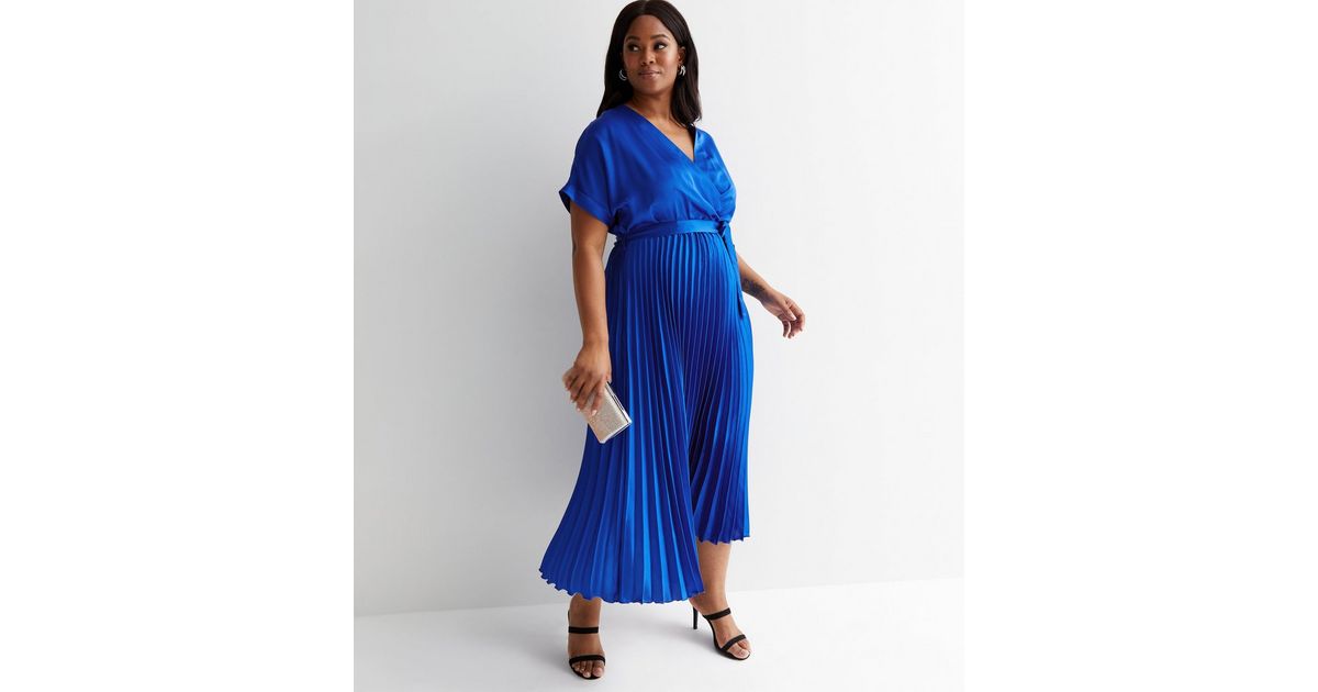 Curves Bright Blue Satin Pleated Midi Wrap Dress | New Look