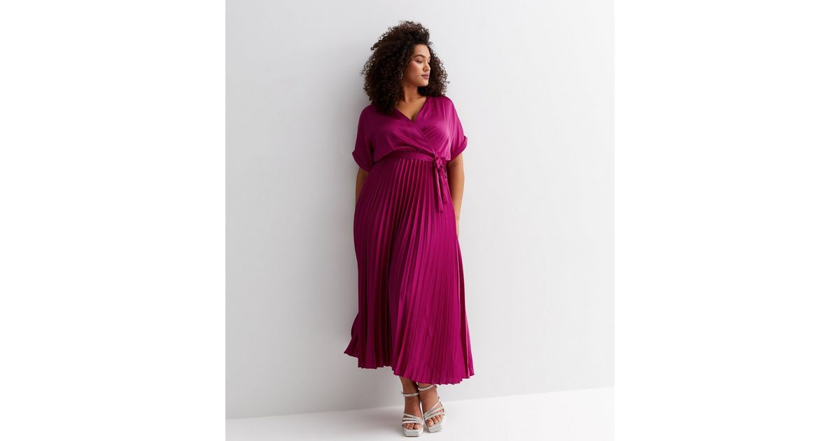 Curves Deep Pink Satin Pleated Midi Wrap Dress | New Look