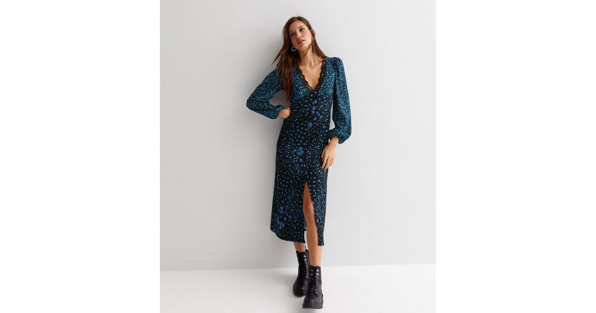 Blue Spotty Crinkle Lace V Neck Midi Dress | New Look