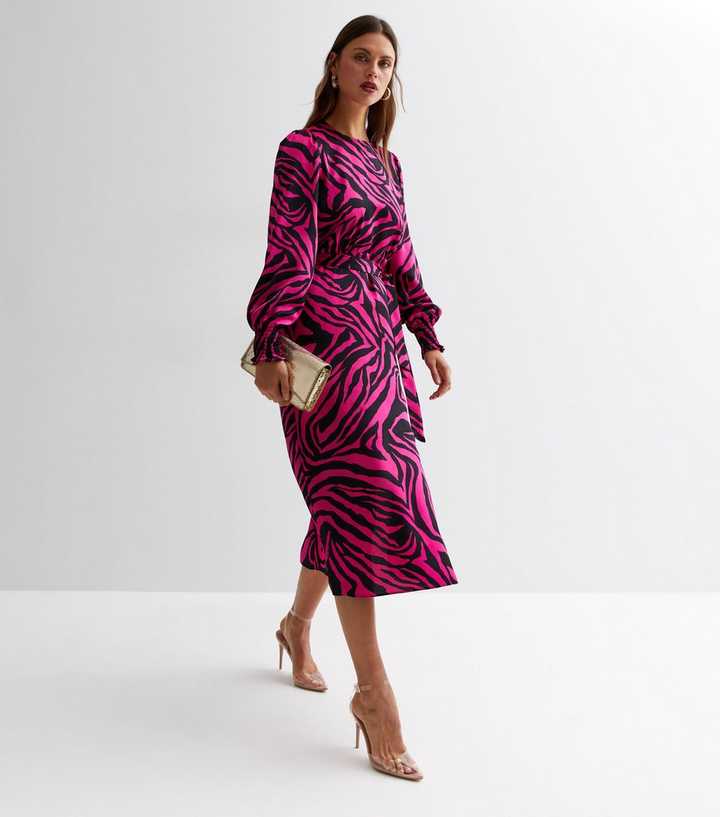 Pink Doodle Print Satin Crew Neck Tie Waist Midi Dress | New Look