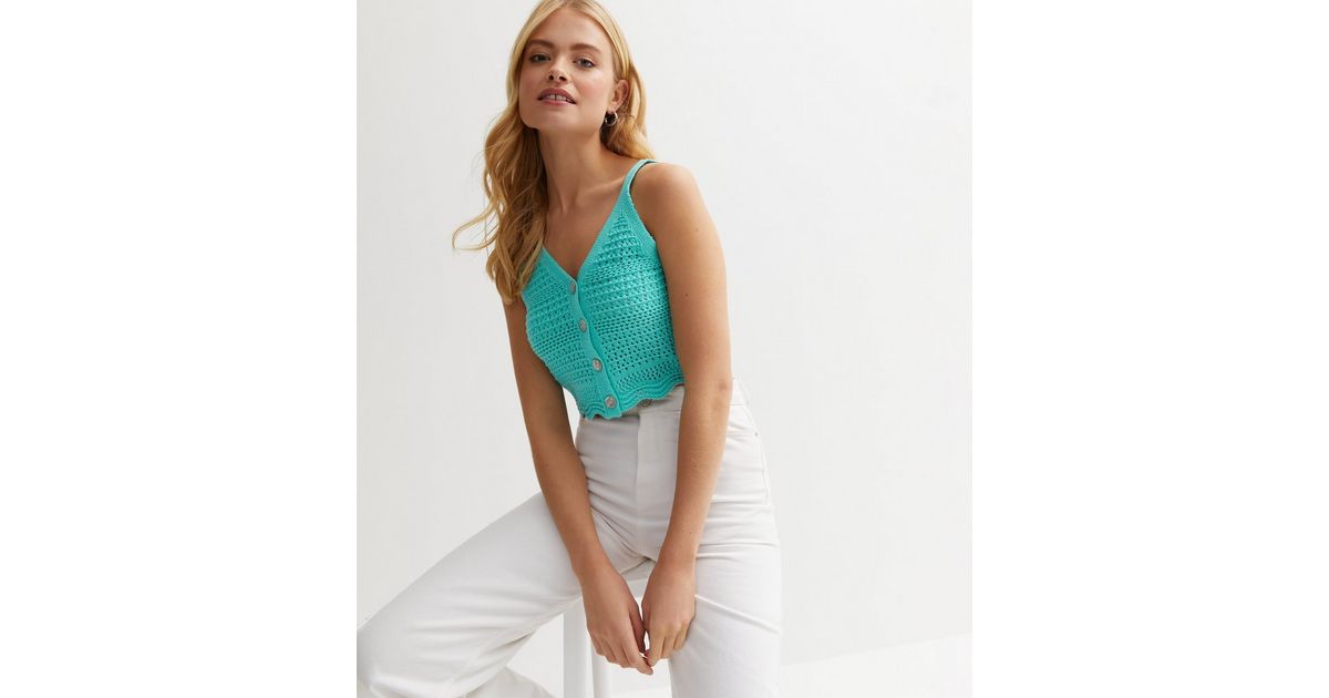 Turquoise Crochet Knit Frill Hem Crop Vest | New Look