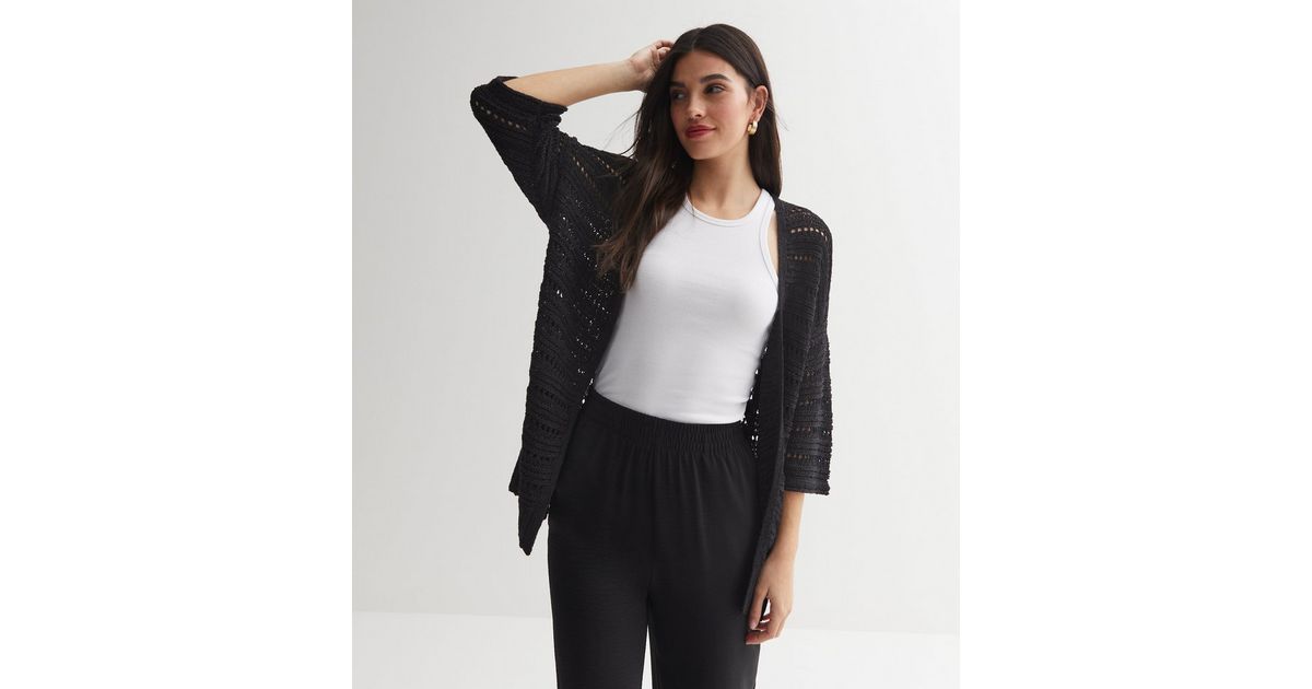 Black Crochet Knit 3/4 Wide Sleeve Long Cardigan | New Look