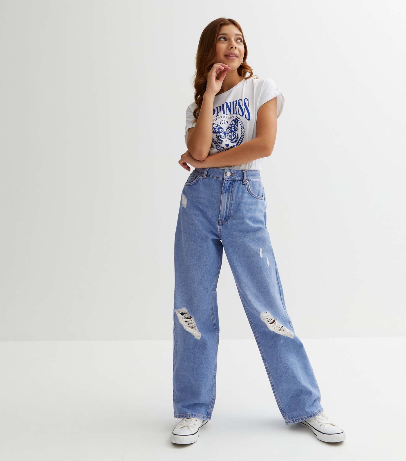 Girls Bright Blue Ripped High Waist Adalae Wide Leg Jeans New Look