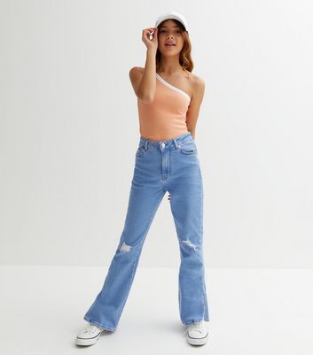 Girls Bright Blue High Waist Ripped Knee Split Hem Flared Brooke Jeans ...