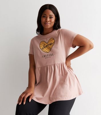 Curves Mink Heart Love Logo Peplum Top | New Look