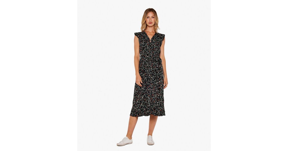 Apricot Black Floral Frill Belted Button Front Midi Dress New Look