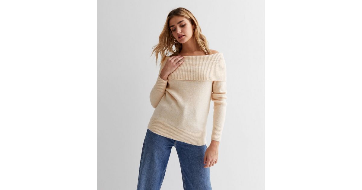 Cream Knit Bardot Long Sleeve Jumper | New Look