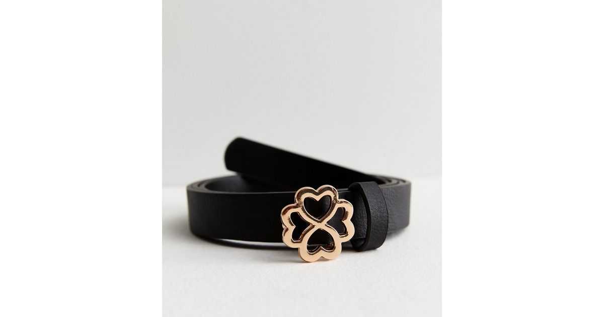 Black Leather-Look Clover Buckle Belt | New Look