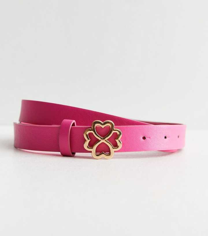 Bright Pink Leather-Look Clover Buckle Belt | New Look
