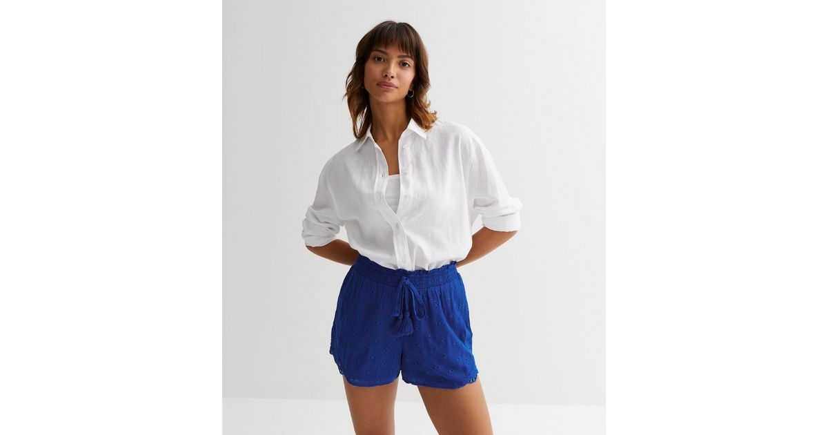 Bright Blue Broderie Runner Shorts | New Look