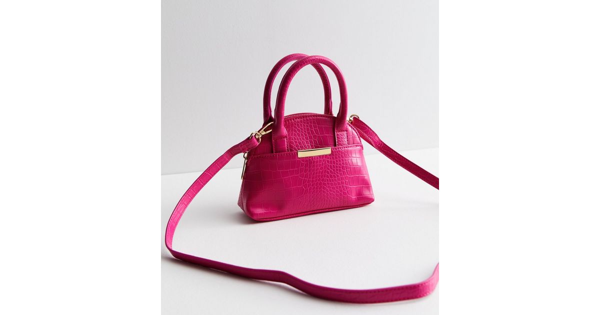 Bright Pink Faux Croc Cross Body Bowler Bag | New Look