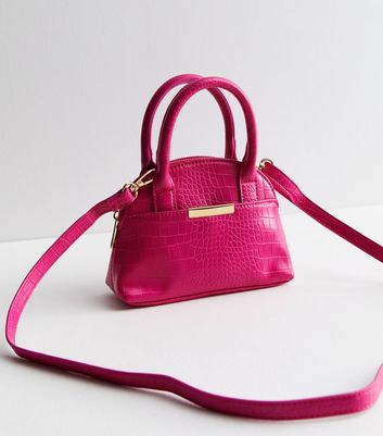 Bright Pink Faux Croc Cross Body Bowler Bag | New Look