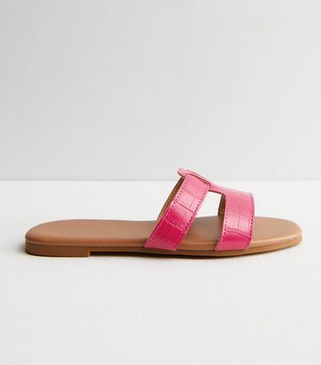 Bright Pink Faux Croc Sliders | New Look