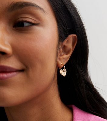 Gold Metal Retro Heart Charm Hoop Earrings | New Look