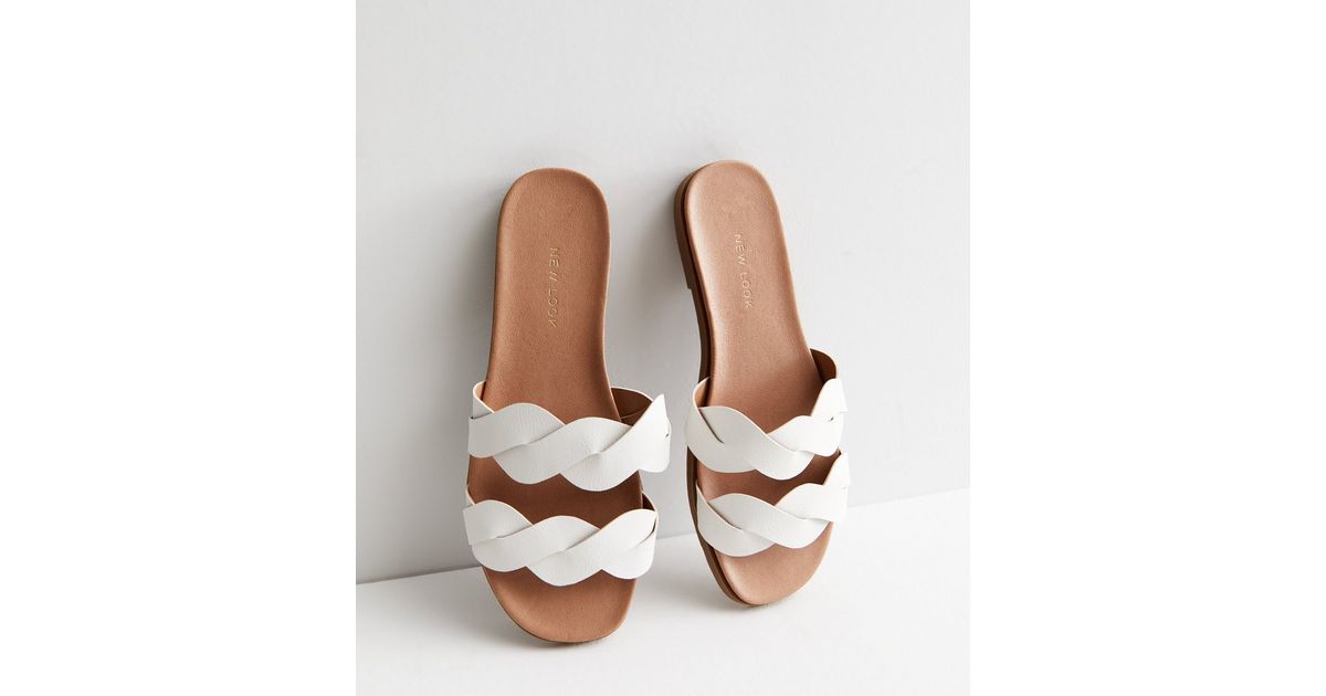 White Leather-Look Plaited Strap Footbed Sliders | New Look