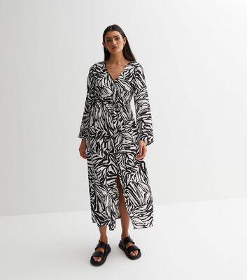 Black Zebra V Neck Flared Long Sleeve Midi Dress | New Look