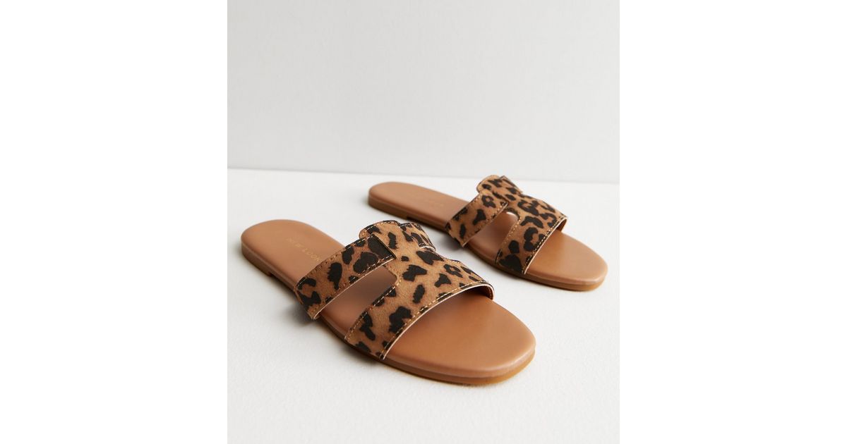 Stone Leopard Print Suedette Mule Sliders | New Look