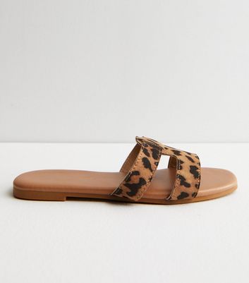 Stone Leopard Print Suedette Mule Sliders | New Look