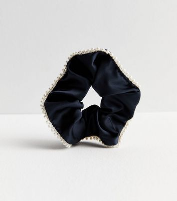 Navy Satin Faux Pearl Trim Scrunchie | New Look