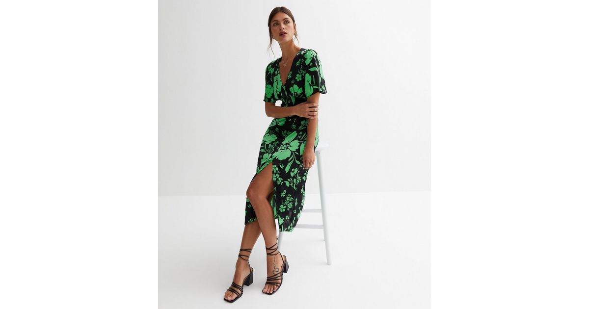 Green Floral Satin V Neck Short Flutter Sleeve Midi Dress | New Look