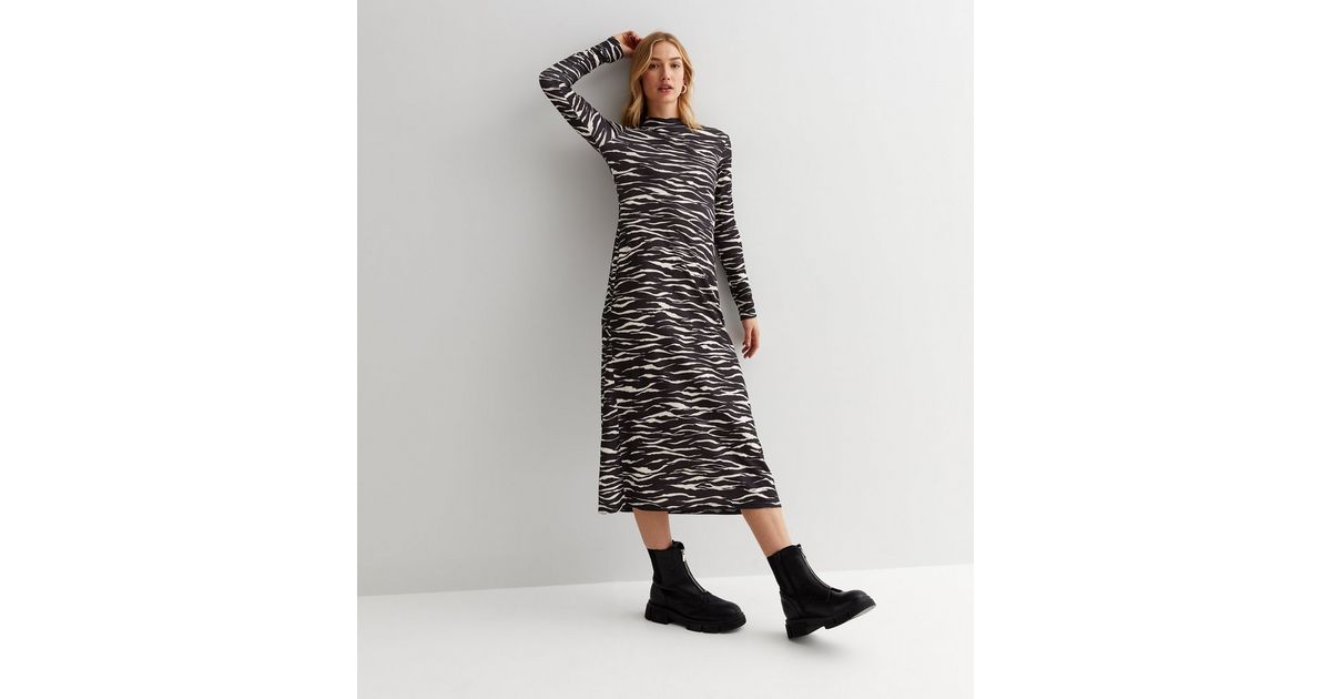Black Zebra Print Ribbed Long Sleeve Midi Dress | New Look